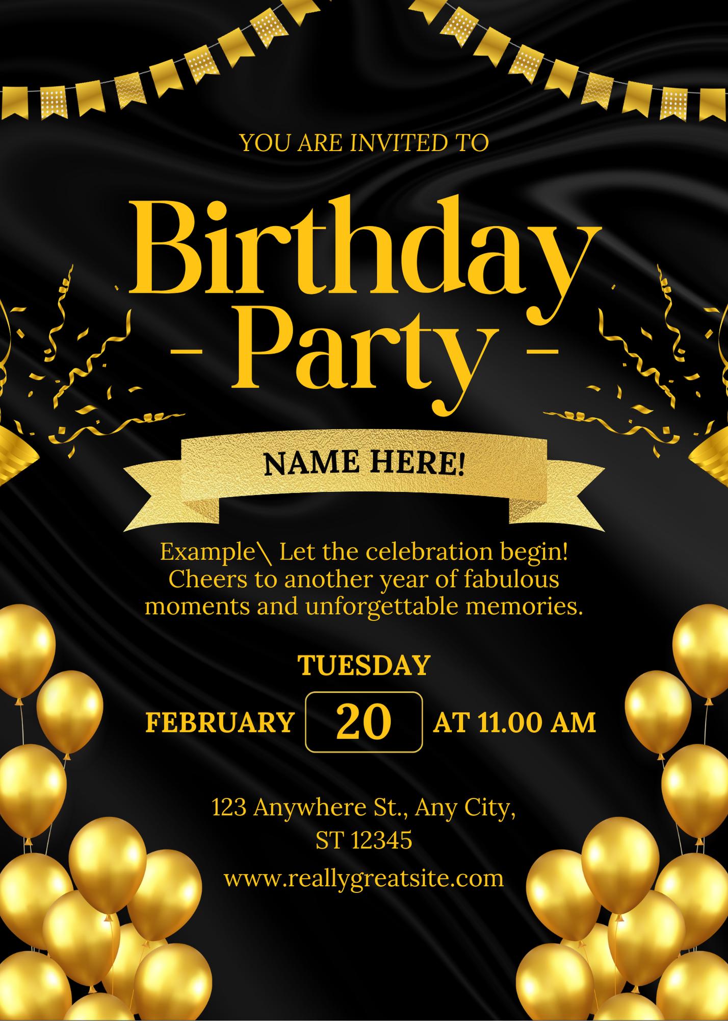 Editable Black and Yellow Birthday Party Invitation, ANY AGE Golden ...