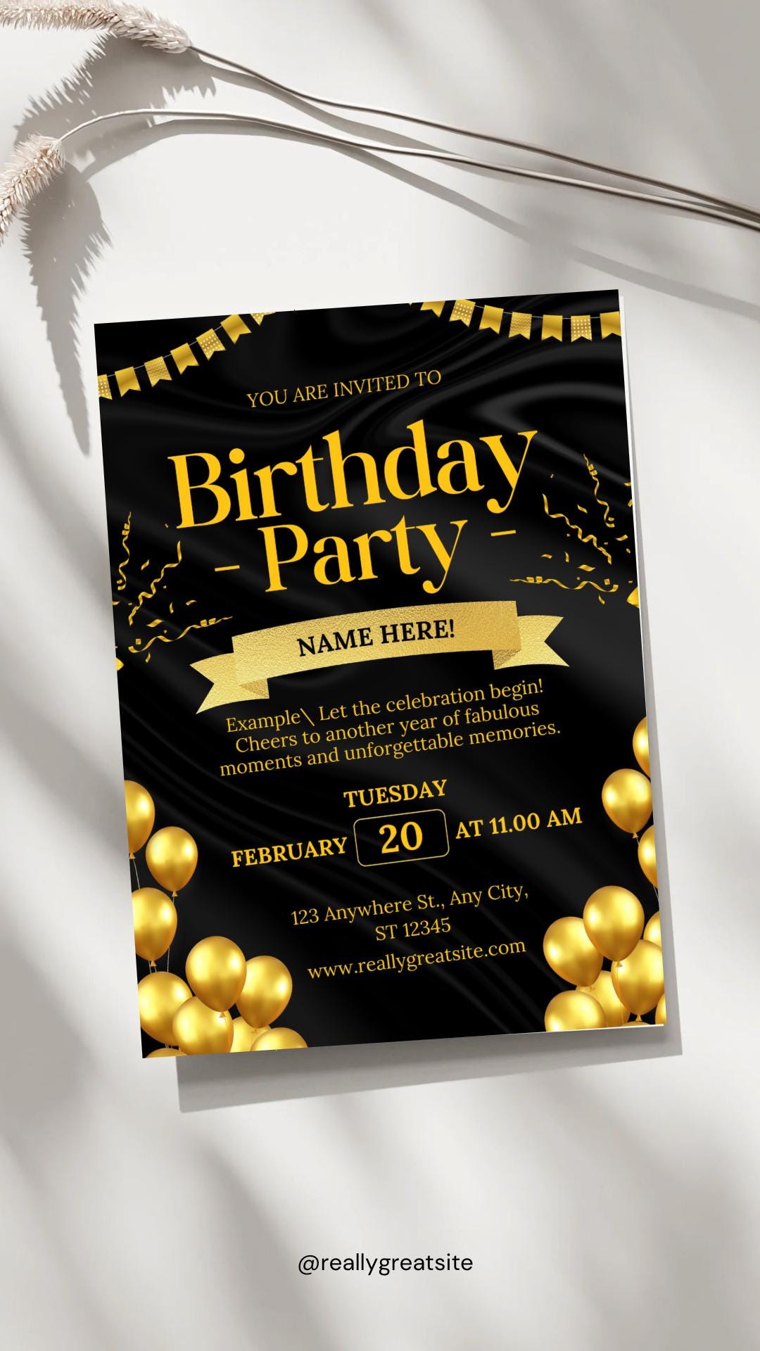 Editable Black and Yellow Birthday Party Invitation, ANY AGE Golden ...