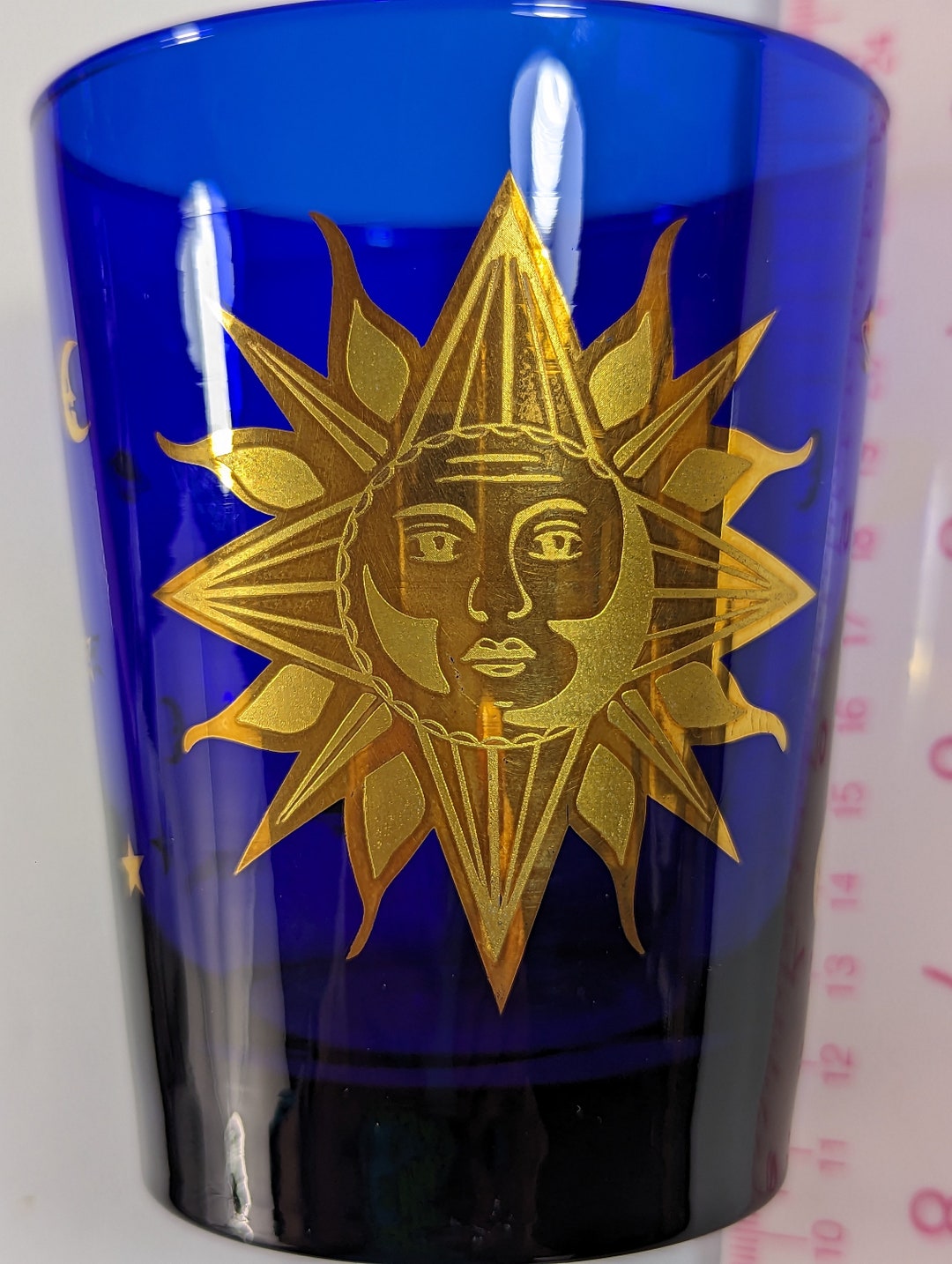 Vintage Culver, 22kt Celestial Sun on Cobalt Blue, Double Old-fashioned ...