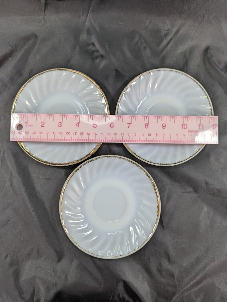 Vintage FIRE-KING Saucers: White Milk Glass Swirl With Gold Rim, Set of ...