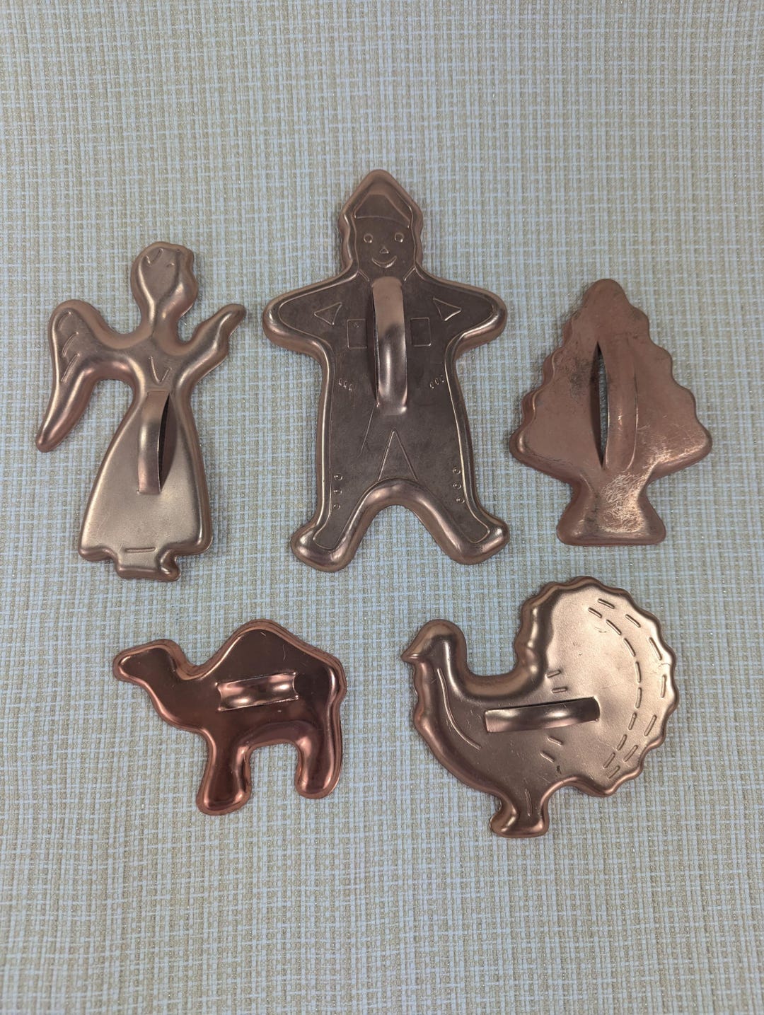 Set of 5 Vintage Copper Cookie Cutters, Angel, Christmas Tree, Snowman ...