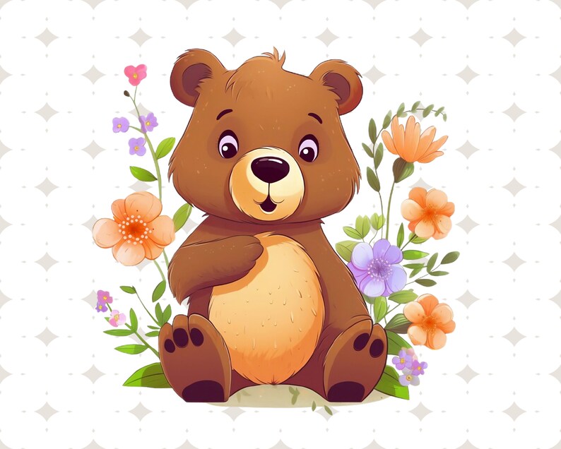 Cute Bear Cub and Flowers PNG Clipart Sublimation Design Transparent ...