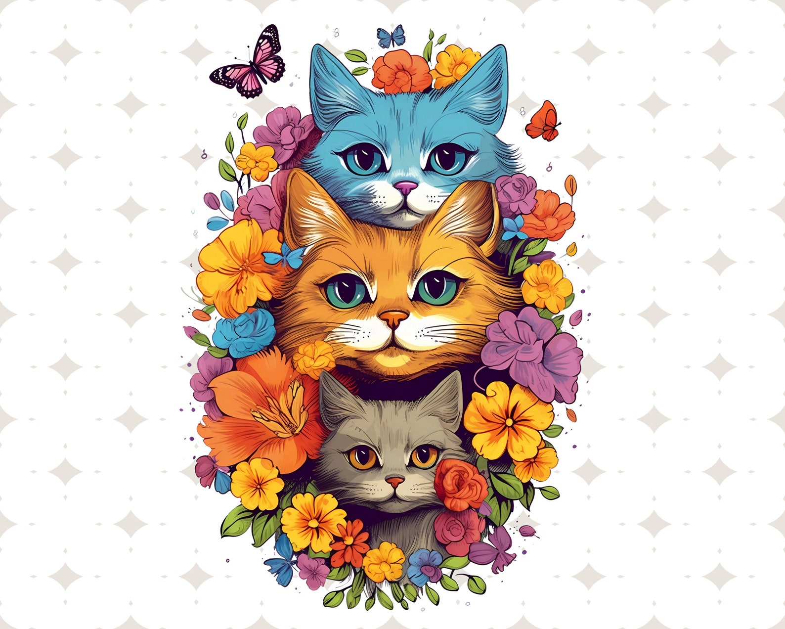 3 Cats Kittens With Flowers PNG Clipart Sublimation Design Transparent ...