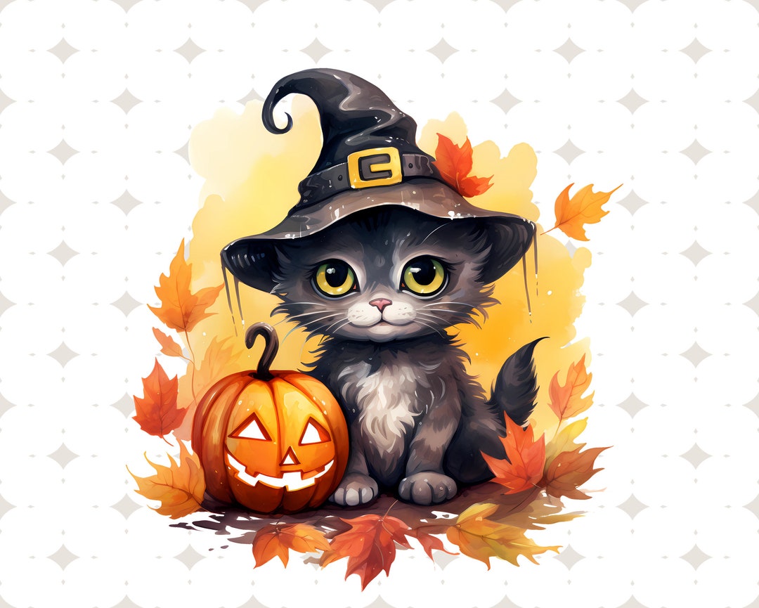 Cute Halloween Cat With Witch Hat PNG Clipart Sublimation T-shirt ...