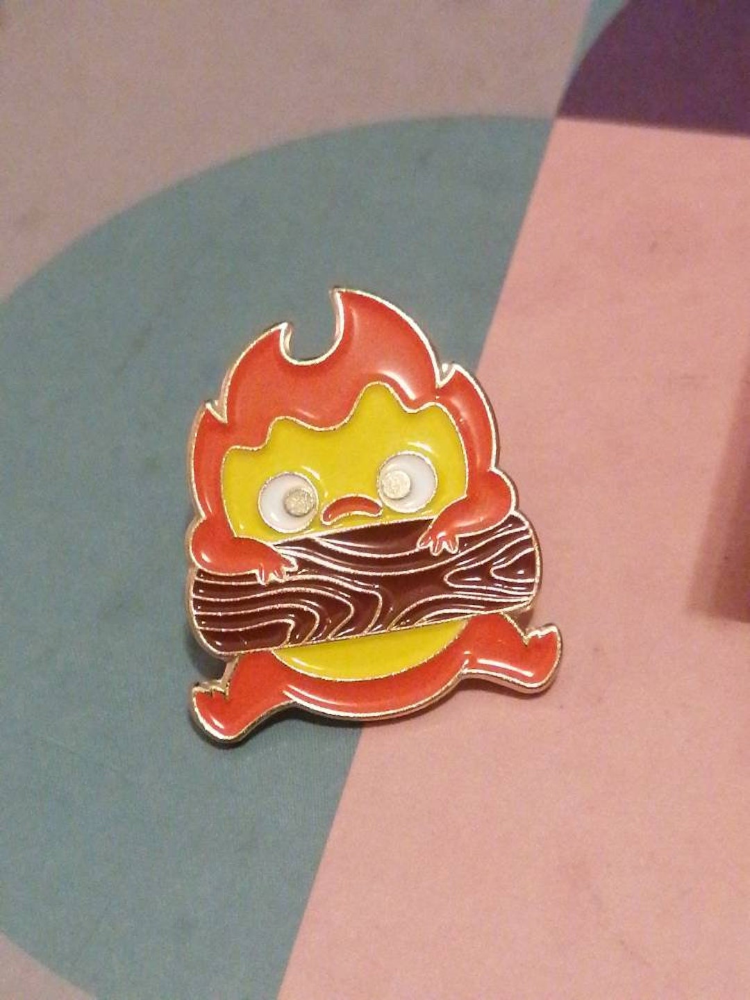 Enamel Pin Badge. Calcifer on a Log. Fire Demon Inspired by Howls ...