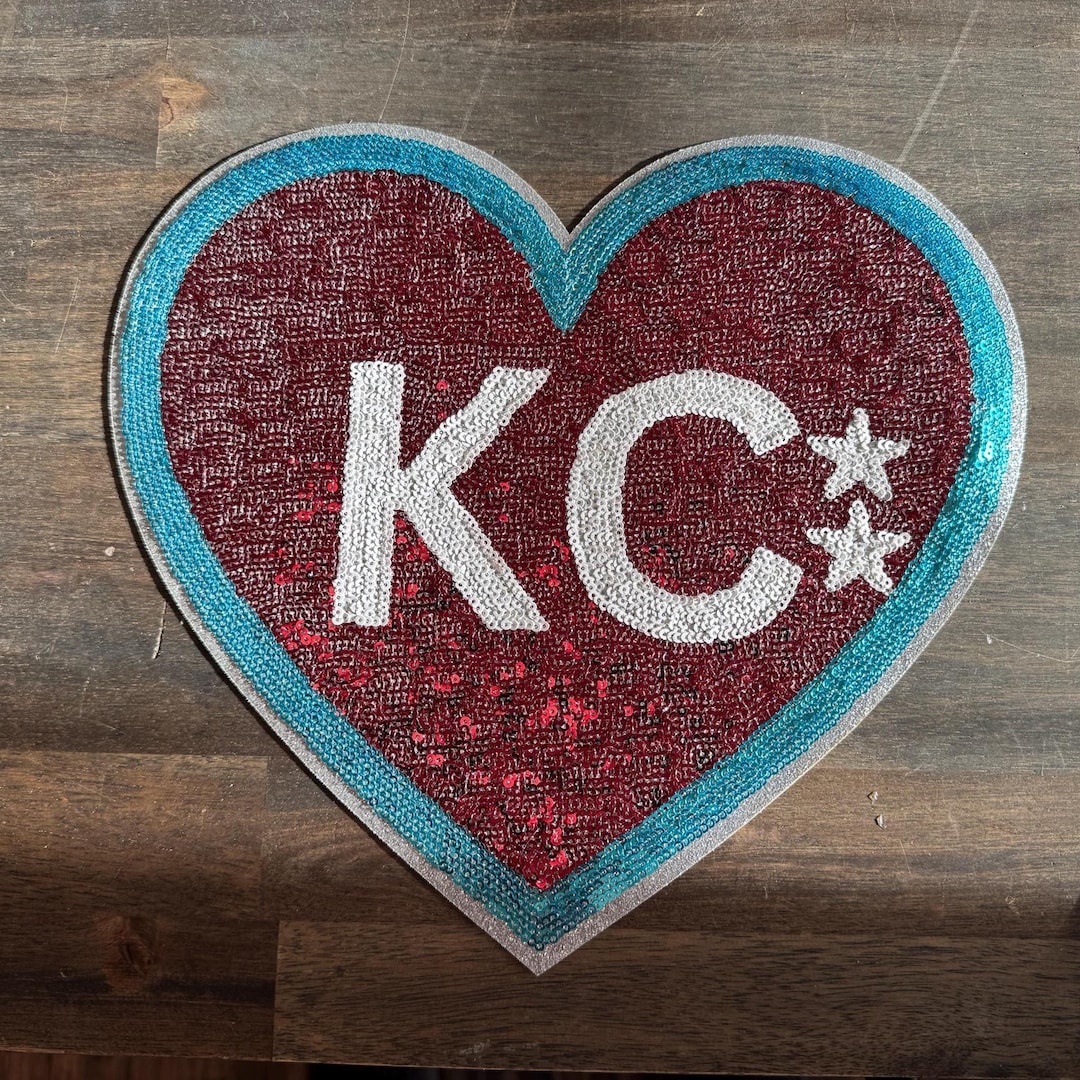 KC Heart Sequin Patch – Sparkly Game Day Appliqué, Red Blue & White Sew ...