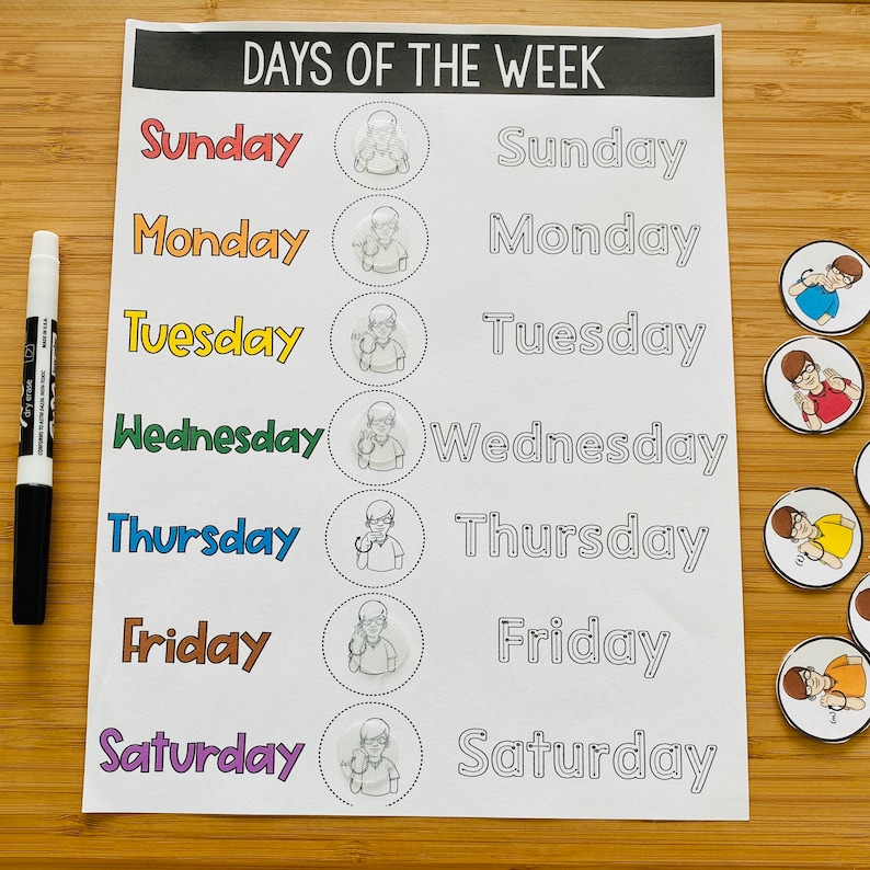 ASL Days of the Week Matching Activity ASL Calendar File - Etsy