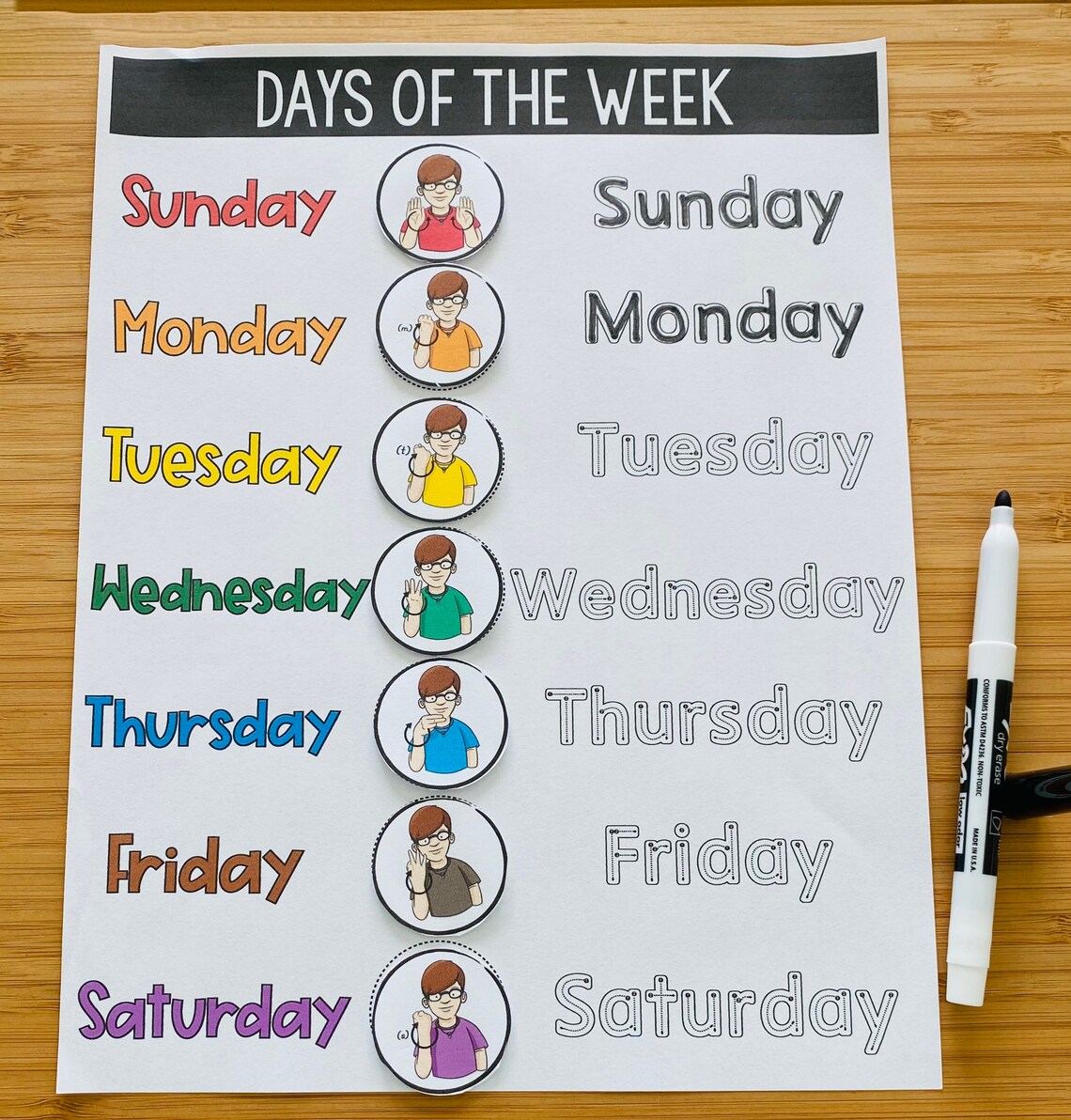 ASL Days of the Week Matching Activity ASL Calendar File - Etsy