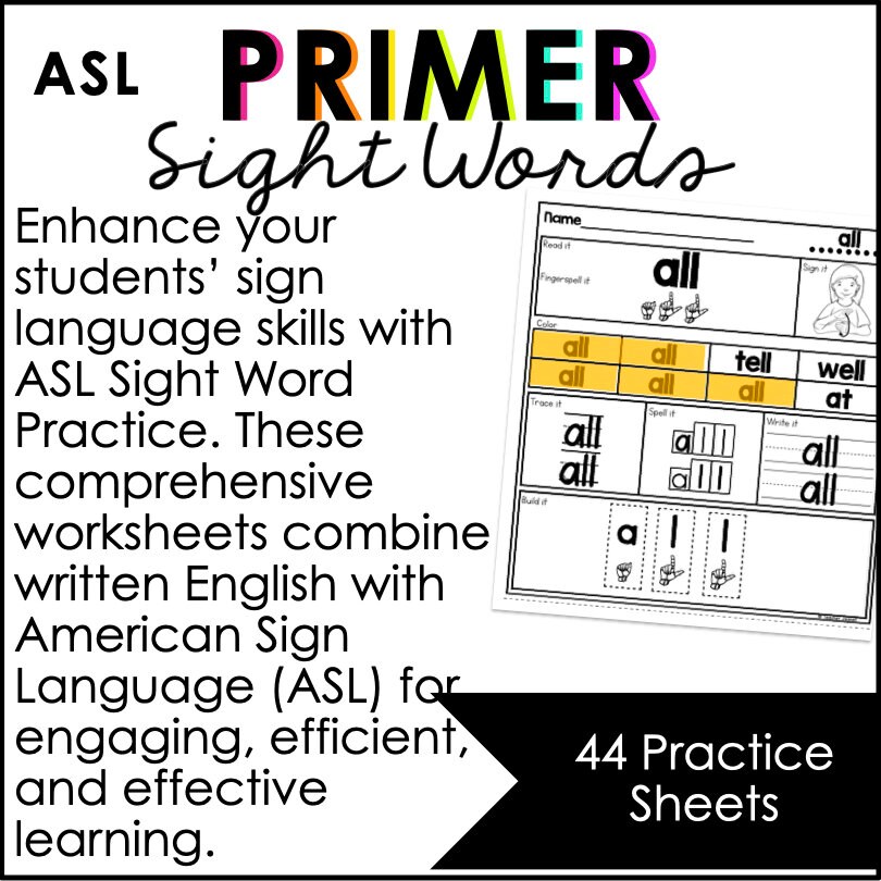 ASL Primer Sight Word Practice Worksheets, ASL Printable, Sign Language ...