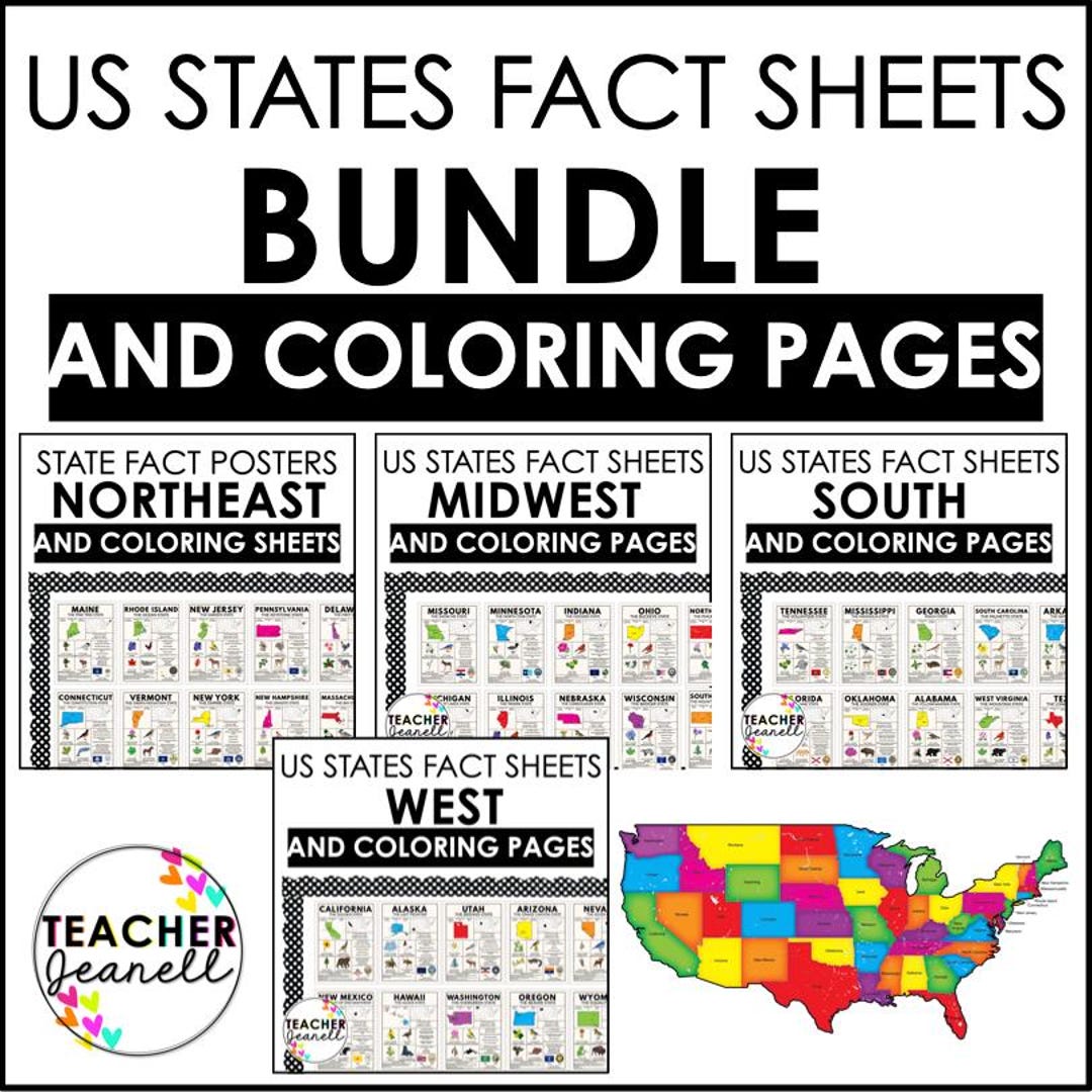 50 States Fact Posters and Coloring Pages | US Geography Bundle | State ...