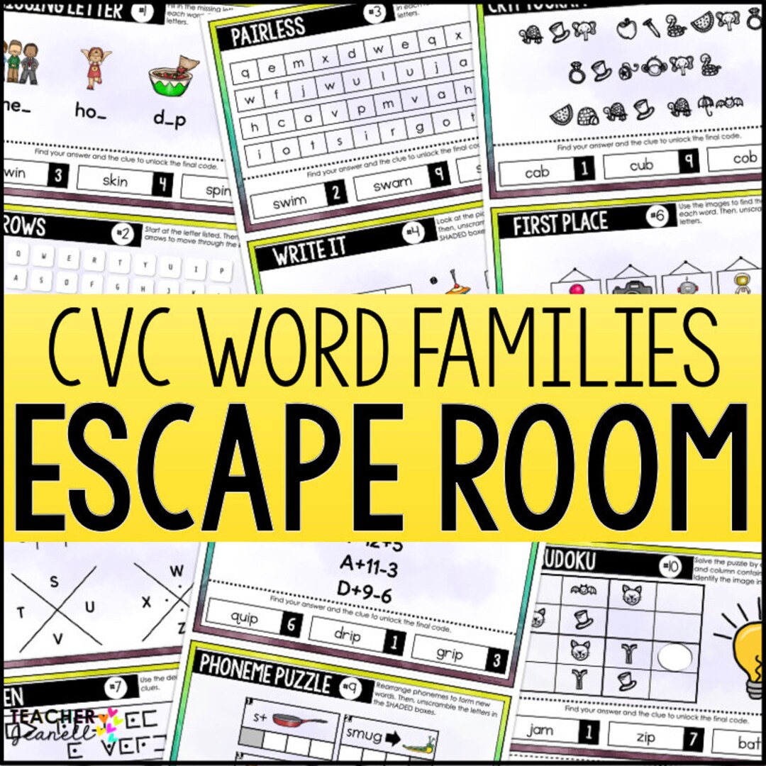 CVC Word Families Escape Room Printable, End of Year Phonics Review ...