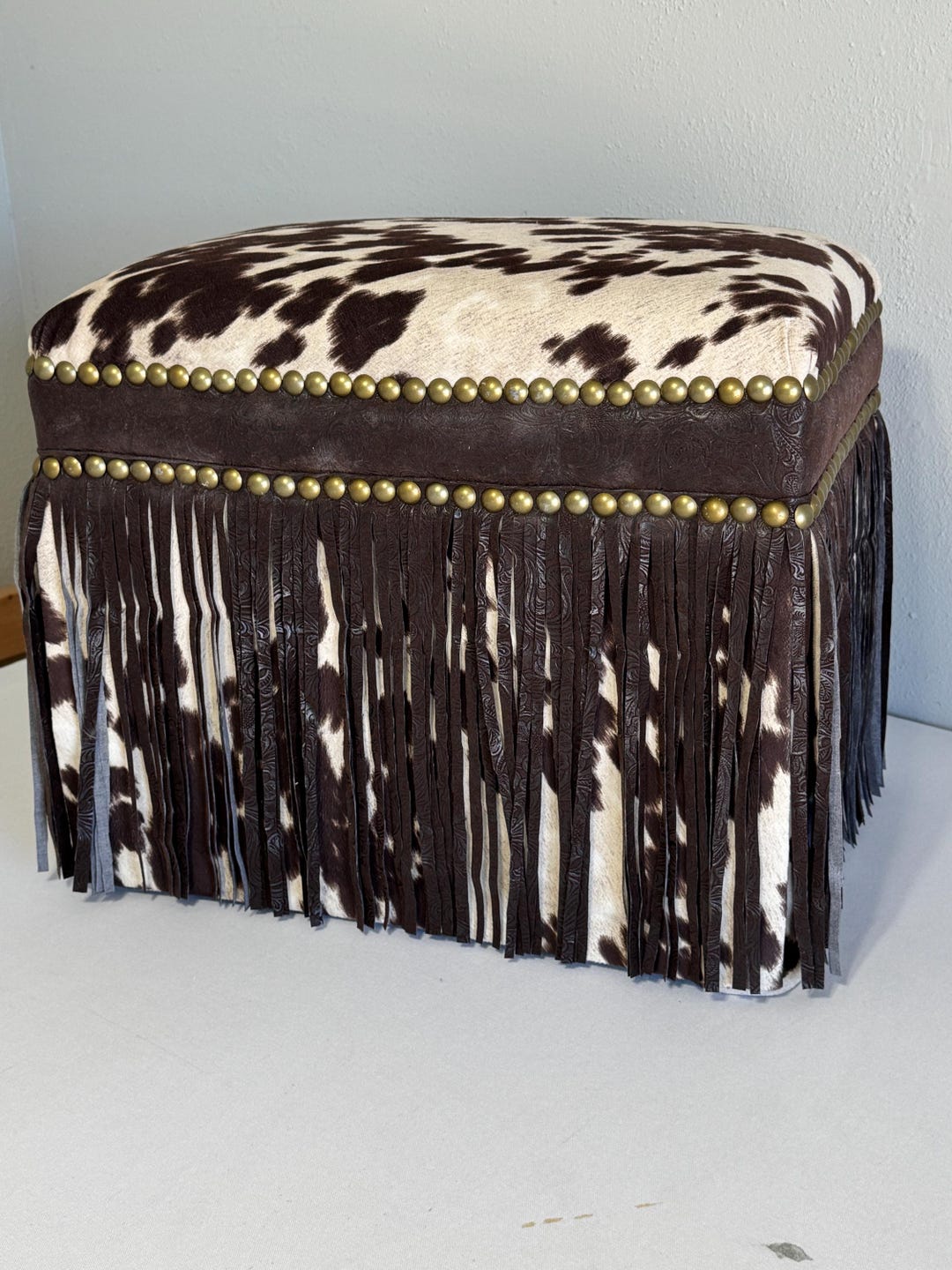 Cow Print Footstool With Fringe Textured Cow Print Ottoman With Tacks ...