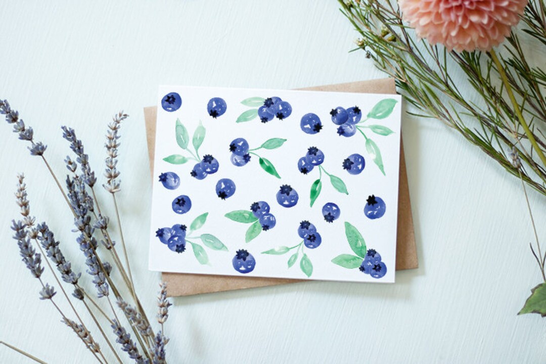 Blueberry Card/ Blank Inside Notecard/ Card With Stamp/ Watercolor Card ...