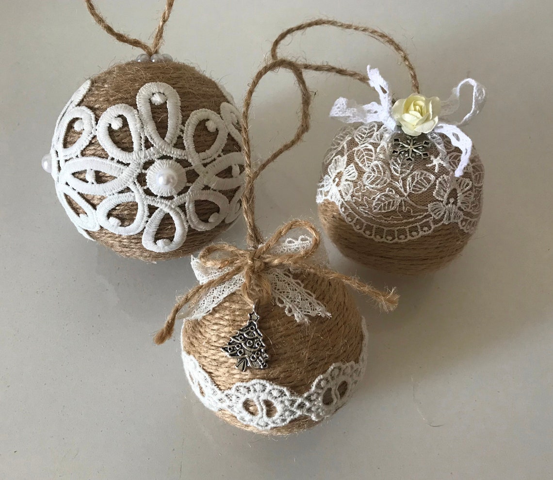 Set of 3 Twine and Lace Christmas Ornaments for Rustic Farmhouse ...