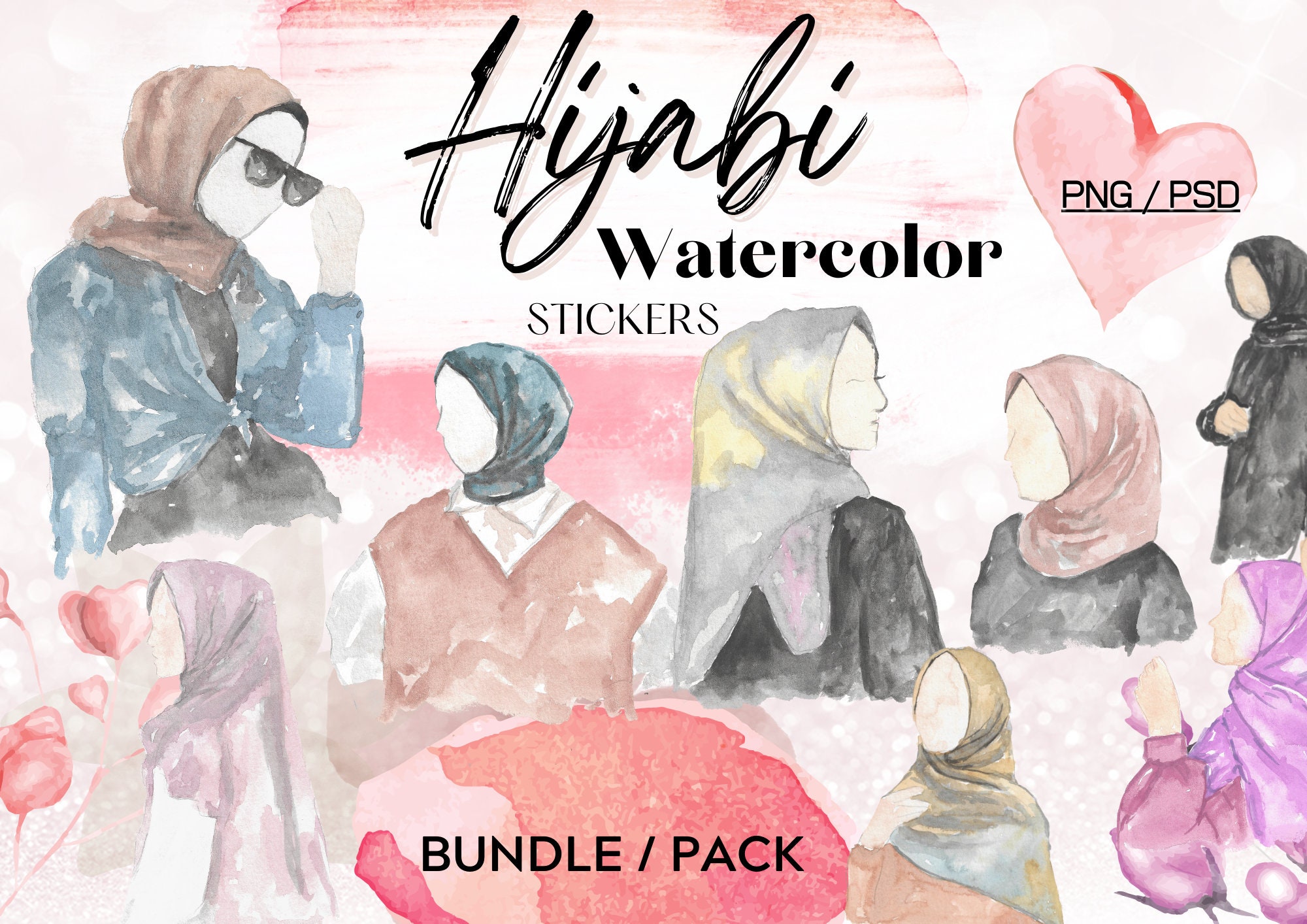 Hijabi Stickers, 90s Stickers, Watercolor Digital Stickers, Goodnote ...