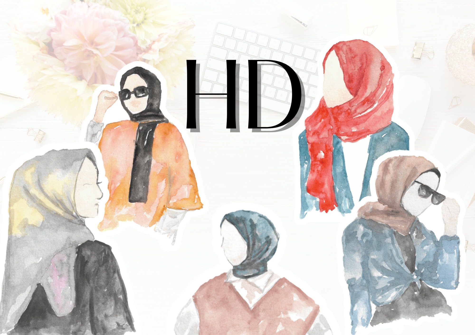 Hijabi Stickers, 90s Stickers, Watercolor Digital Stickers, Goodnote ...