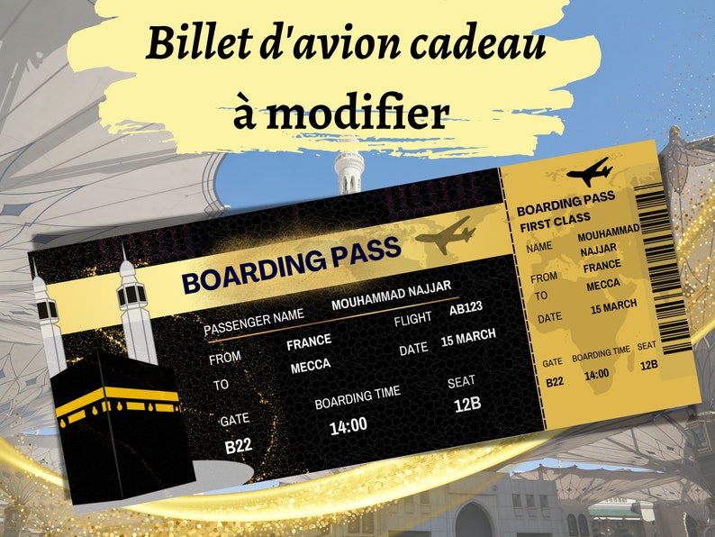 Billet avion hajj, billet modifiable , cadeau hajj, cadeau musulman, umrah mubarak, cadeau omra ...