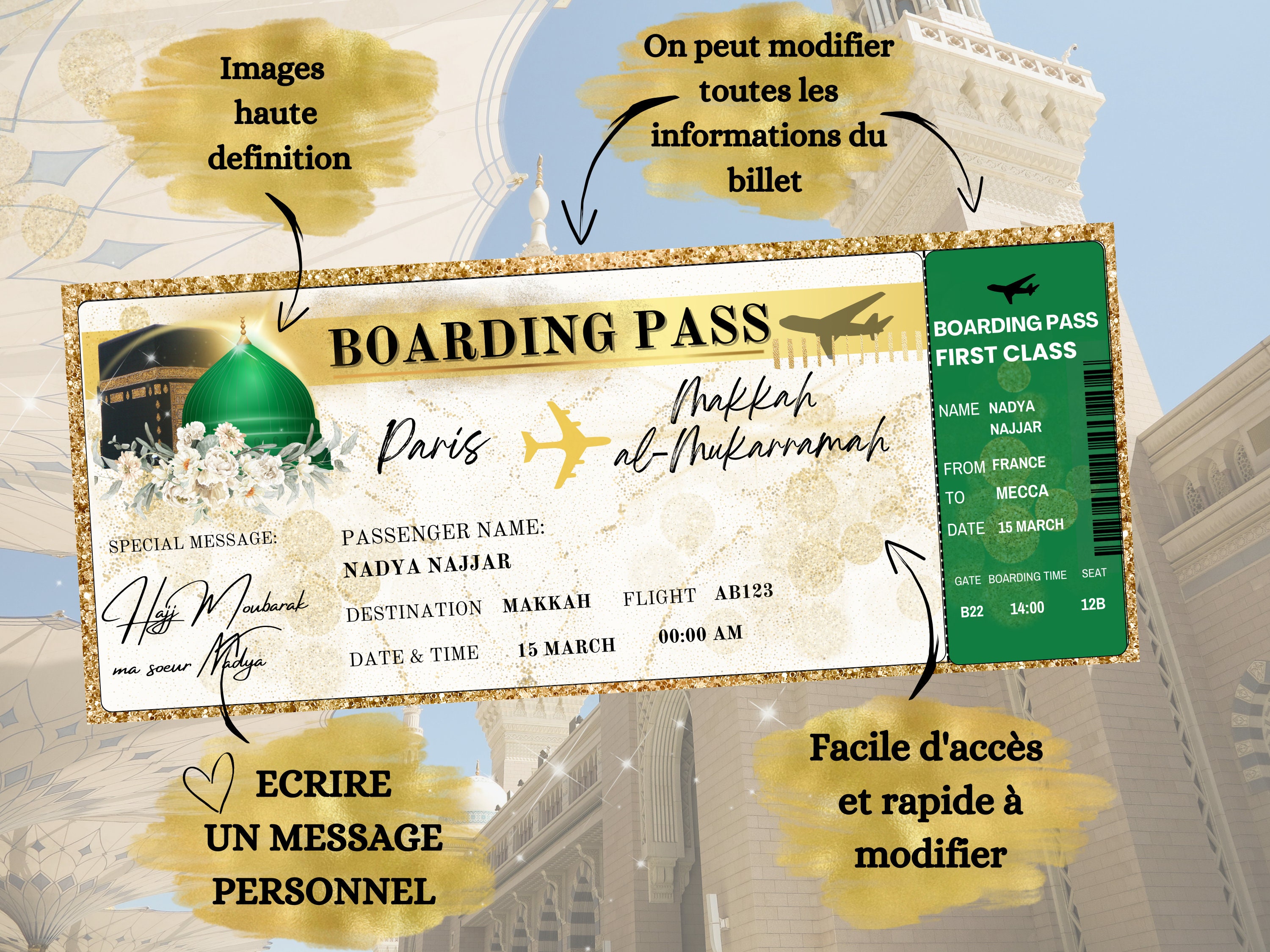 Airplane Ticket Mecca, Hajj Plane Ticket, Modifiable Ticket, Hajj Gift ...