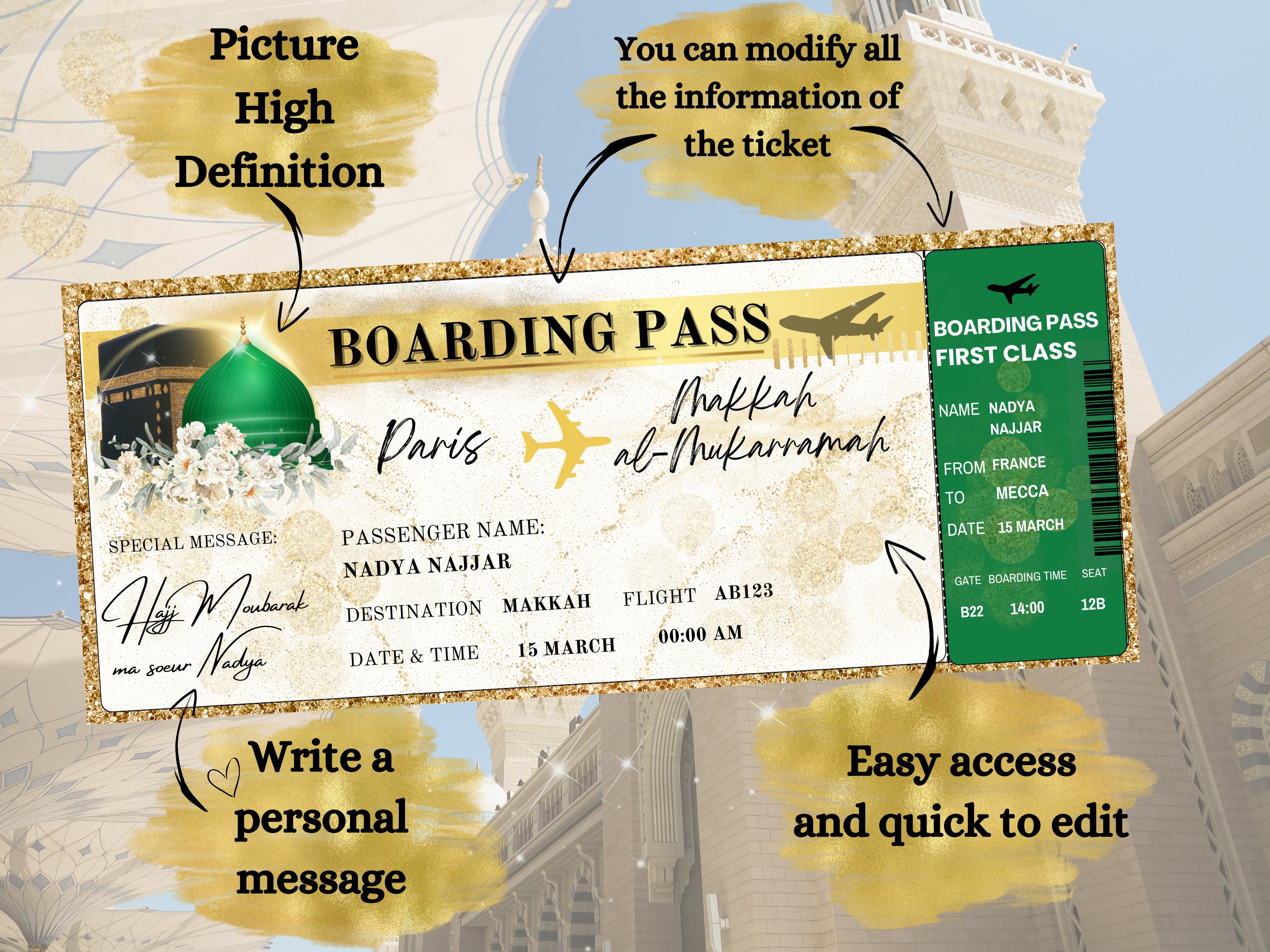 Airplane Ticket Mecca, Hajj Plane Ticket, Modifiable Ticket, Hajj Gift ...