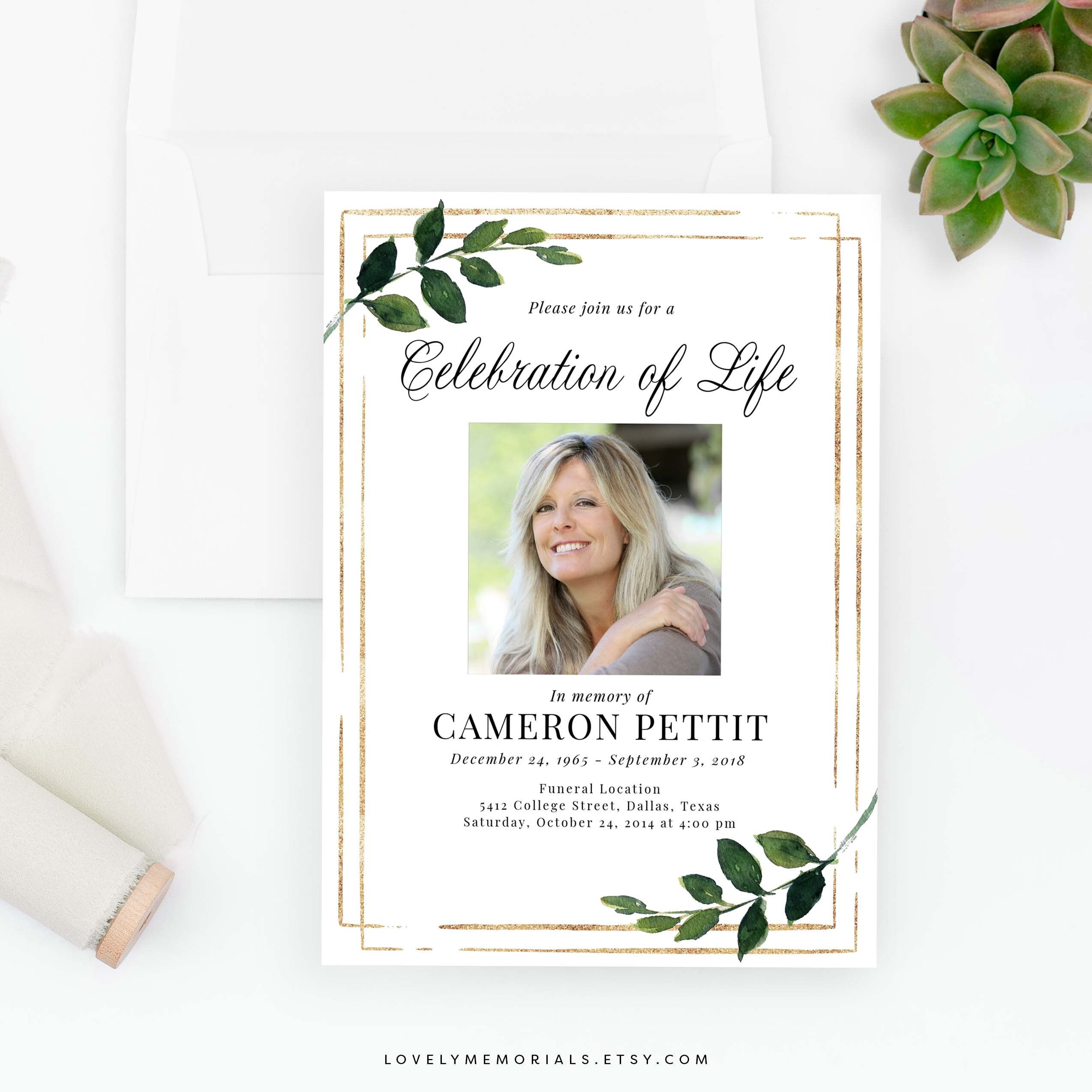 Greenery Editable Funeral Invitation Photo Personalized Etsy Australia