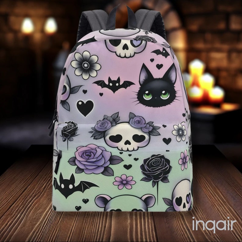 Kawaii Gothic Cute Pastelbackpack With Black Cat, Skulls, Bats, and ...