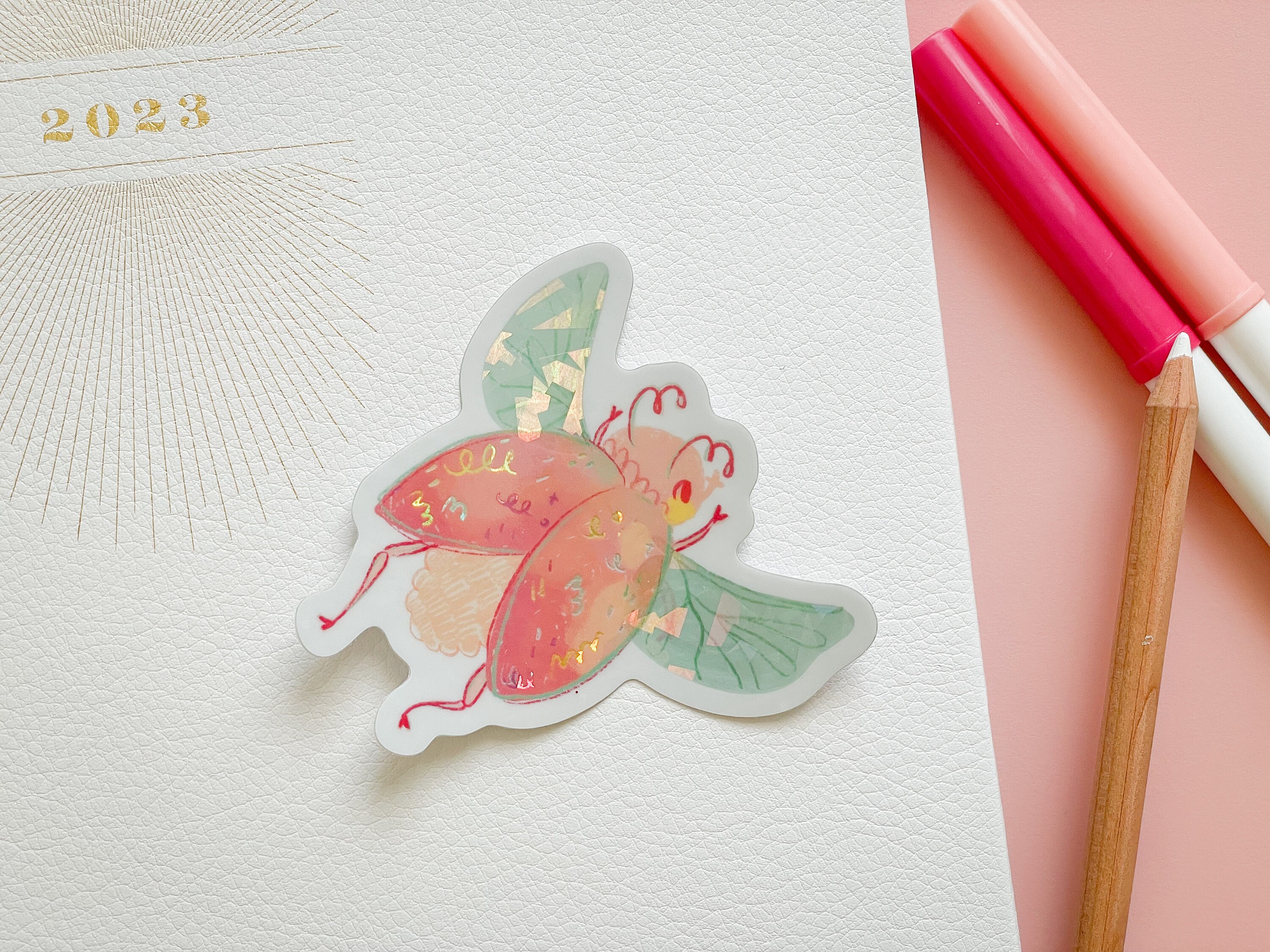 Cute Holographic Pink Beetle Sticker Confetti Beetle Glittery Kawaii ...
