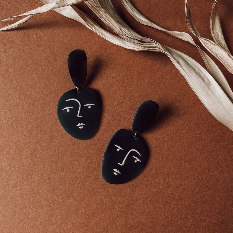 Face Earrings Handmade Polymer Clay Earrings Faces Black Etsy