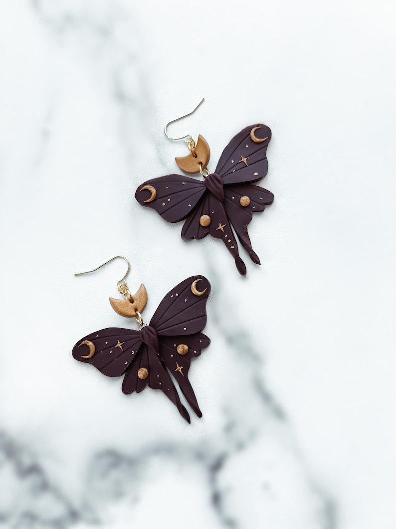Moth Earrings | Deep Purple and Gold | 2 Sizes |handmade Polymer Clay ...