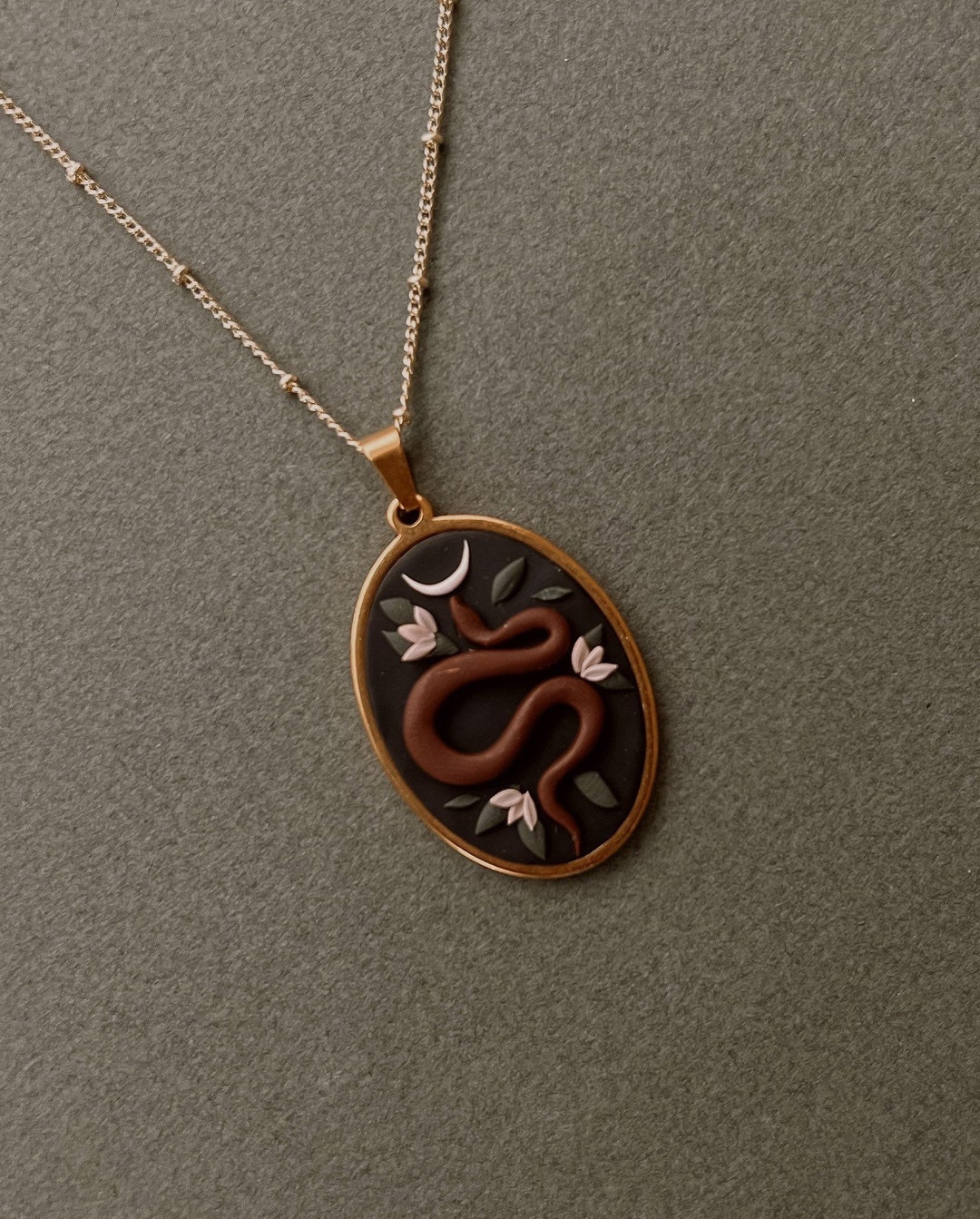 Snake Pendant Necklace Gold Saturn Chain Handmade Polymer Clay - Etsy