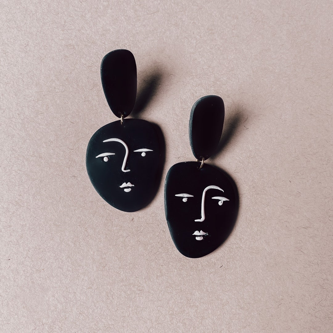 Face Earrings Handmade Polymer Clay Earrings Faces Black Nickel