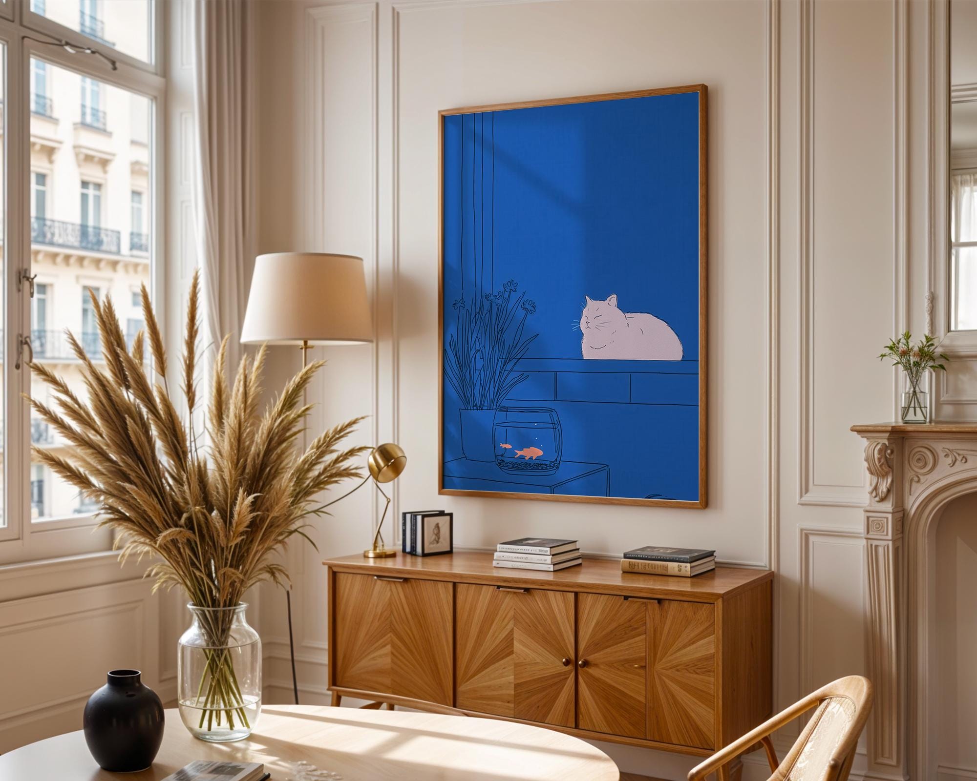 Minimalist Blue Cat & Goldfish Print – Calm Scene Wall Art in Bold ...