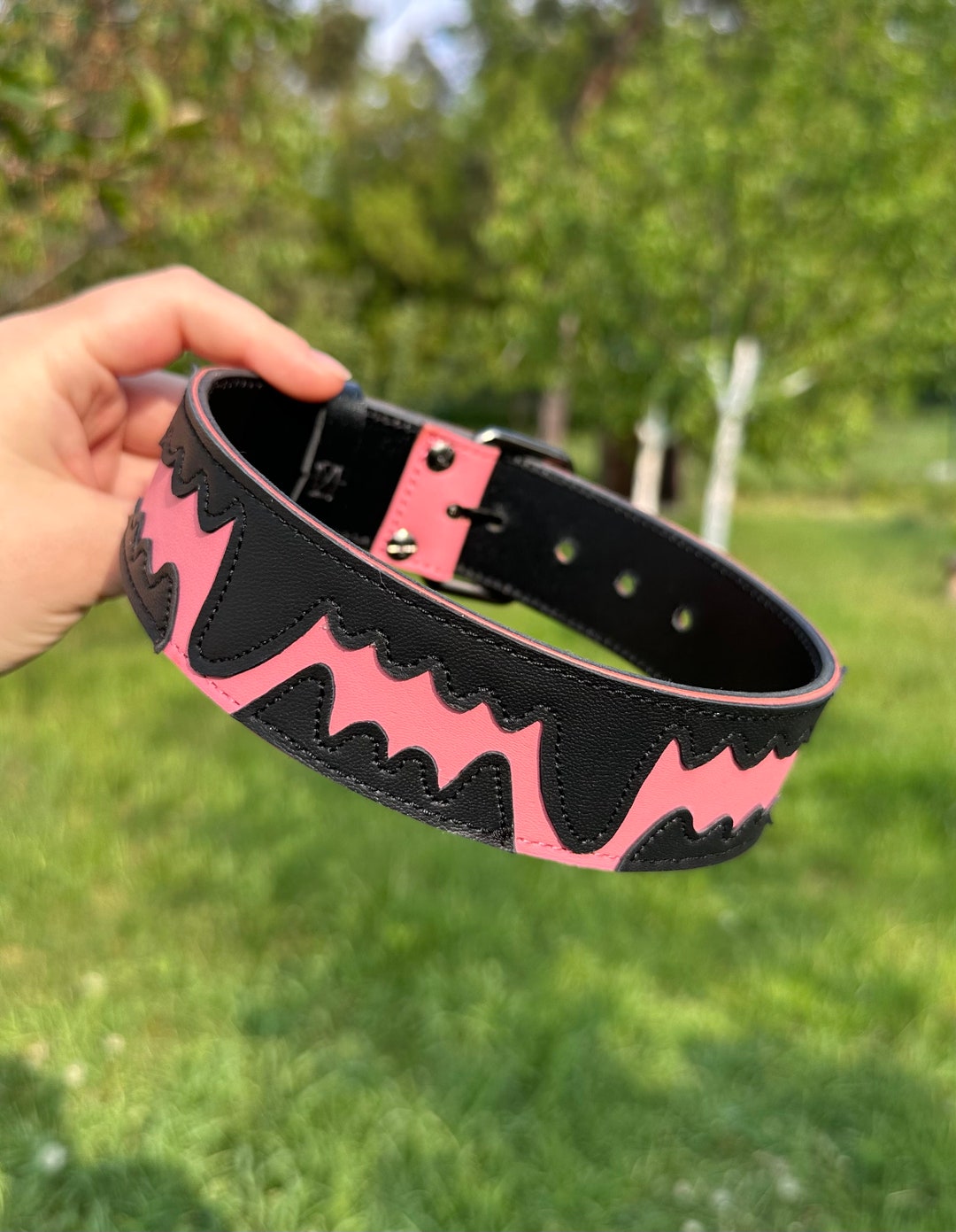 Handcrafted Leather Collar With Teeth, Pink Bat Design - Etsy