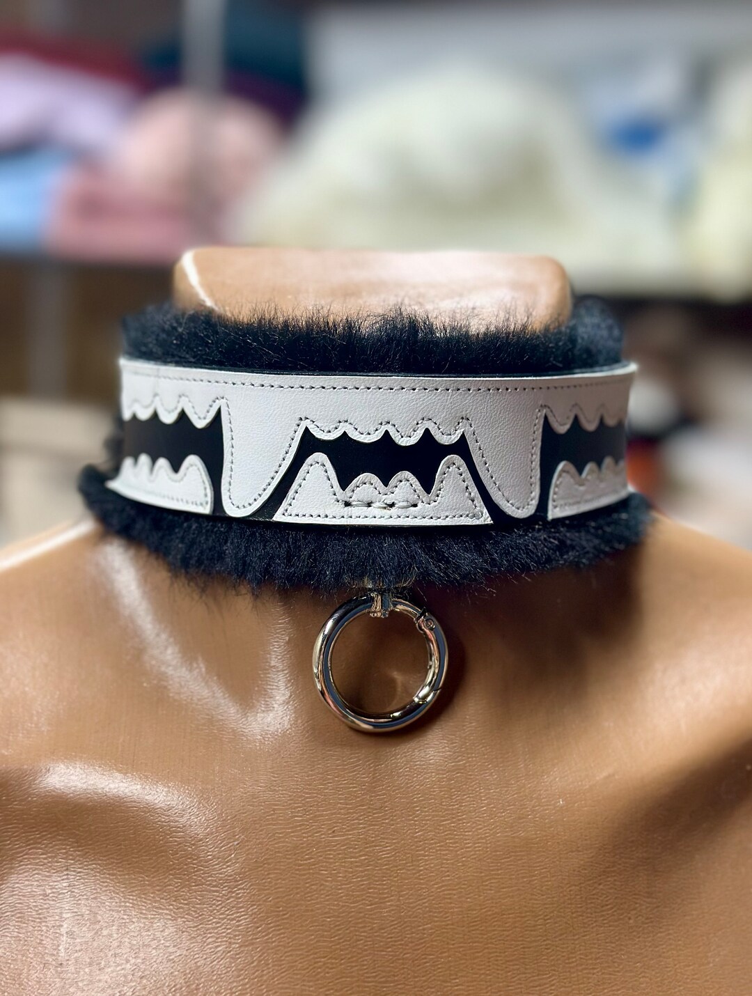 Made to Order! Collar With Teeth With Fur Lining, Leather Collar, Black ...
