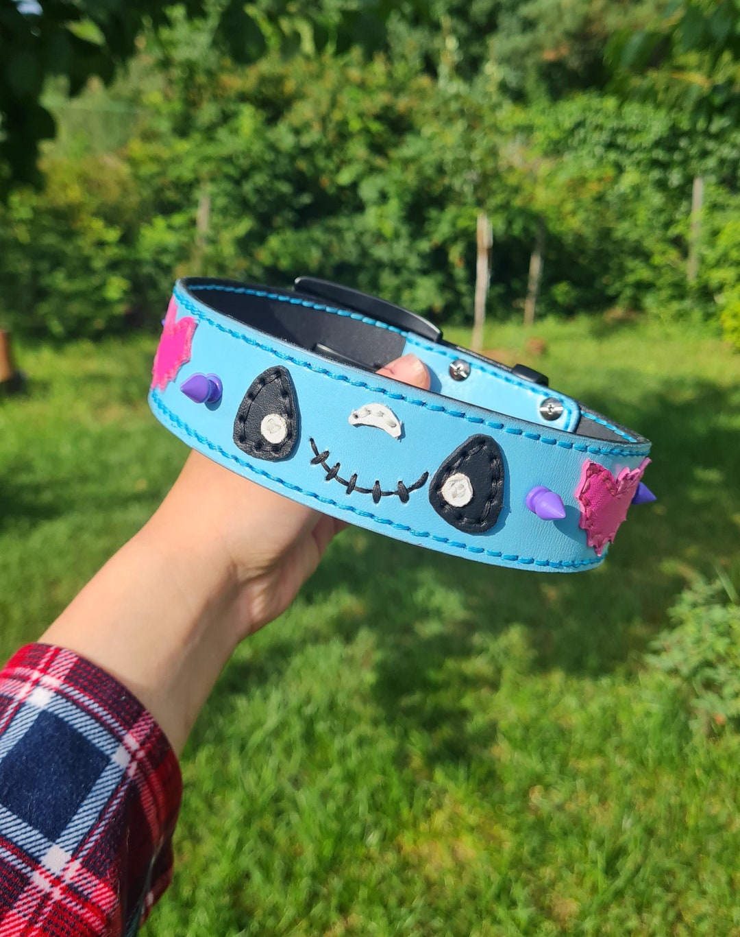 Blue Collar, Collar With Danger Sign, Furry Collar, Handmade Collar ...