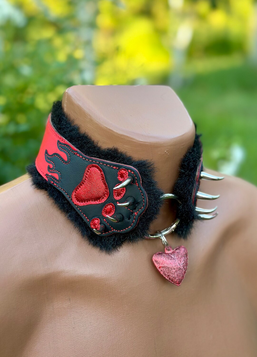 Made to Order! Fluffy Black-red Collar in the Shape of a Paws With Fur ...