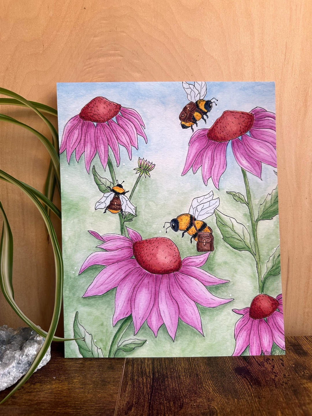 Quiet Labor — Ink and Watercolor Art Print of Coneflowers and Bees ...