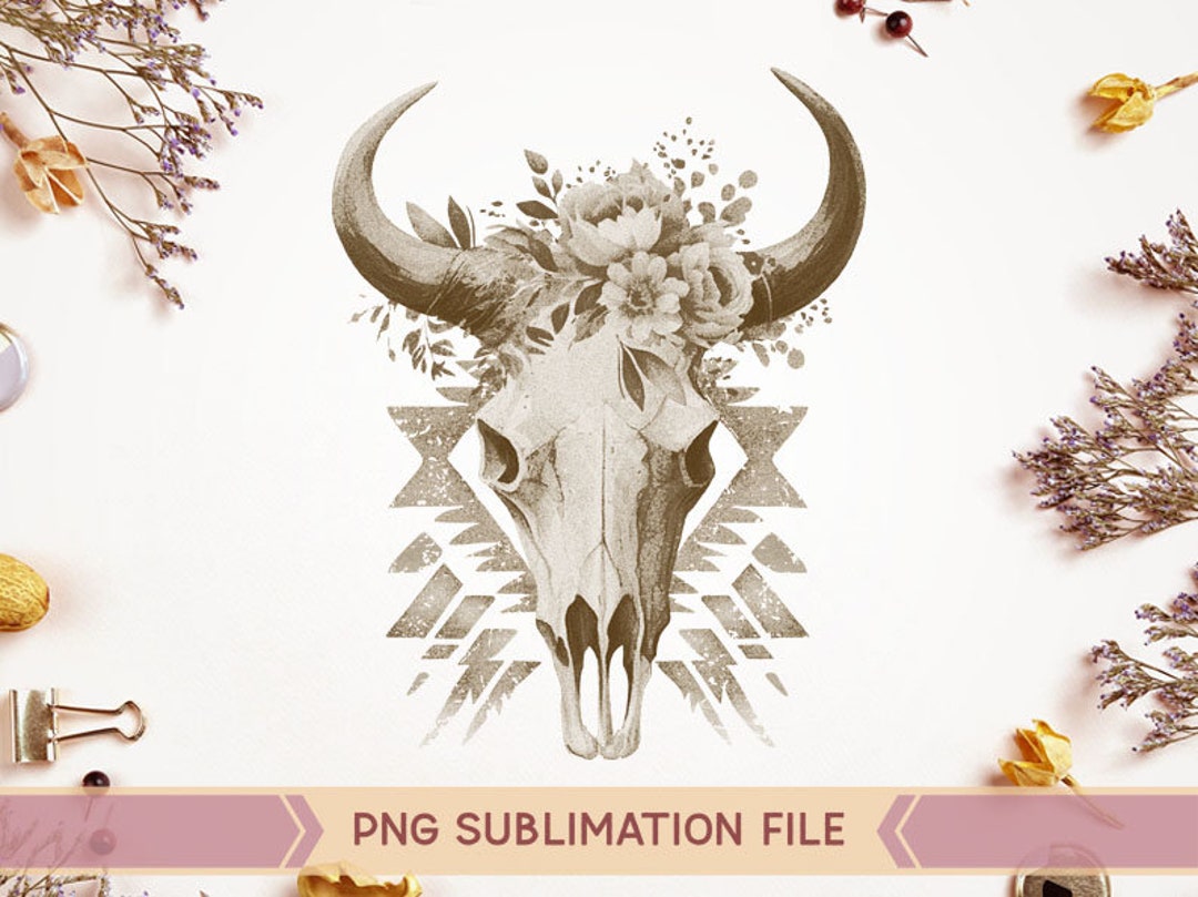 Sepia Aztec Western Bull Skull Png, Sepia Cow Skull With Flowers Png ...