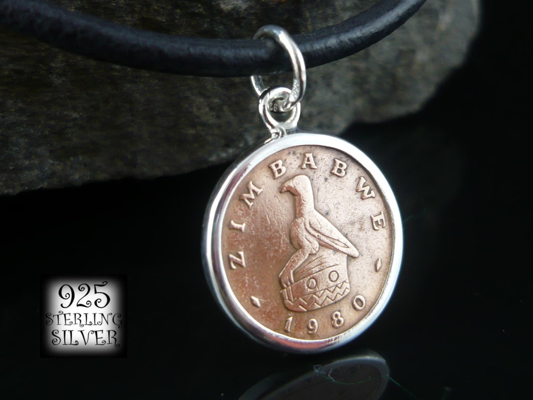 Zimbabwe Pendant 1980 Silver Ag 925 Leather Necklace Chain Coin ...