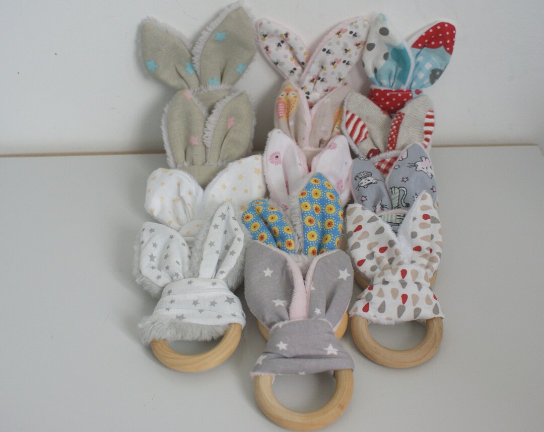 Rabbit Ear Rattle in Natural Wood or Teething Ring in Cotton and Mynkee ...