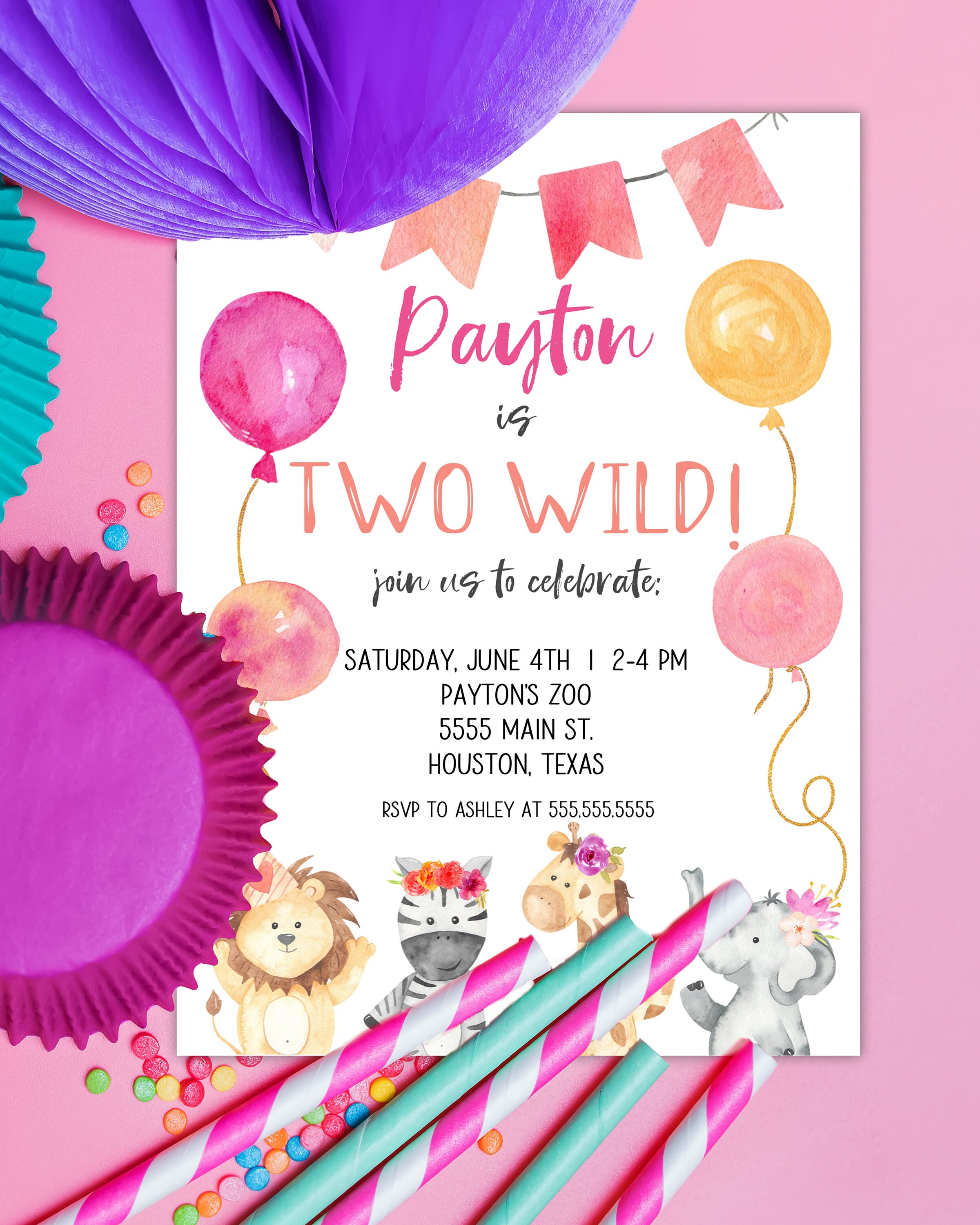 TWO WILD Birthday Party Invitation - Toddler Girl Birthday - Wild Thing ...