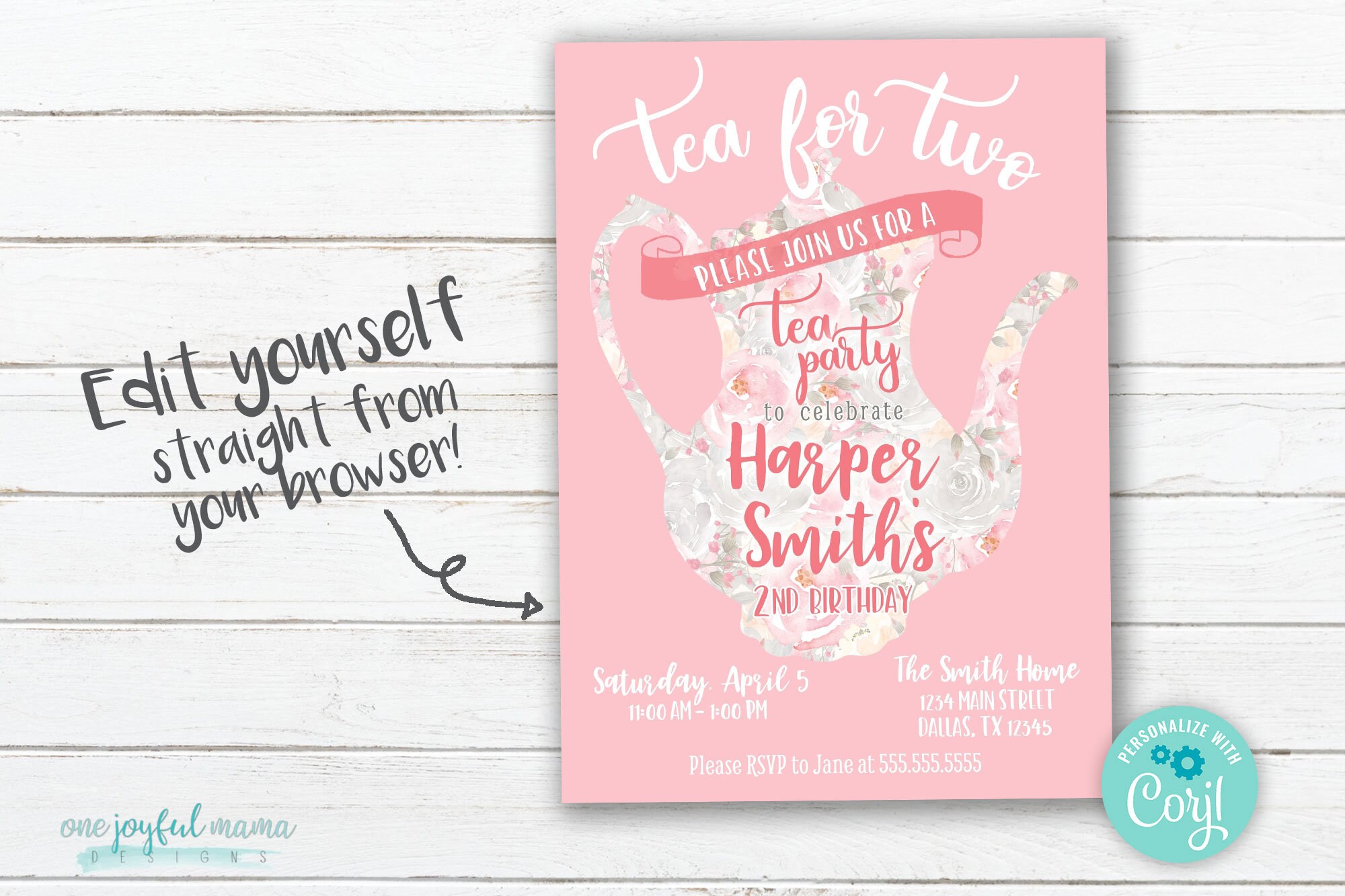 TEA PARTY Birthday Invitation - Tea for Two - Tea for Three - Toddler ...