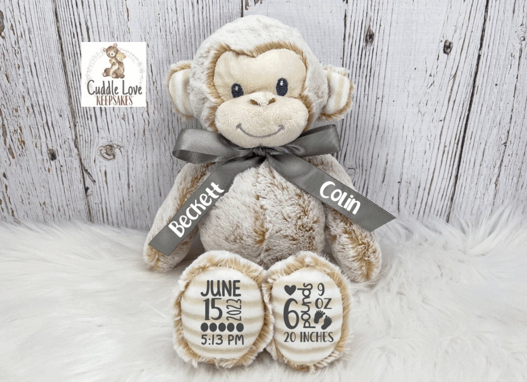 Monkey Birth Stats Stuffed Animal, Personalized Plush Monkey Birth ...