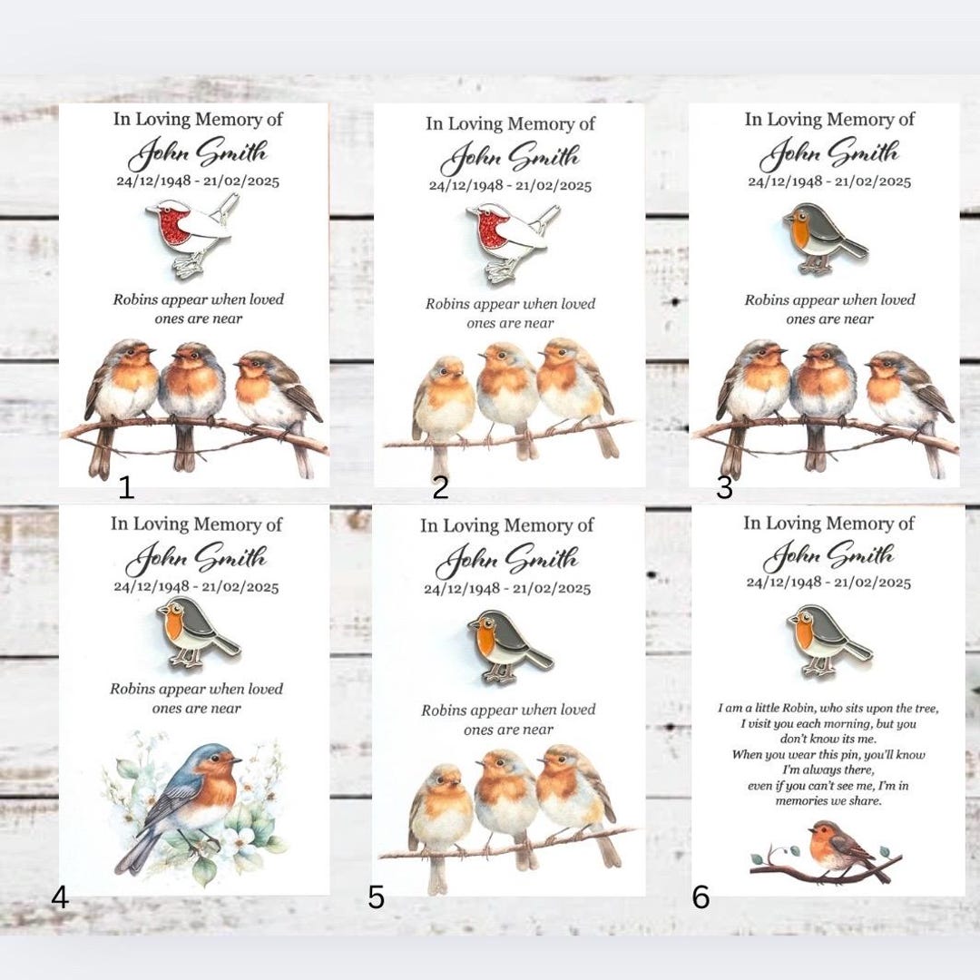 Personalised Robin Enamel Pin Badge & Card Gift Memorial Funeral Favour ...