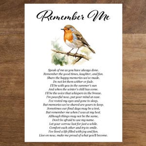 Robin Memorial Poster With Poem | A4 | Remember Me, Afterglow, Let Me ...