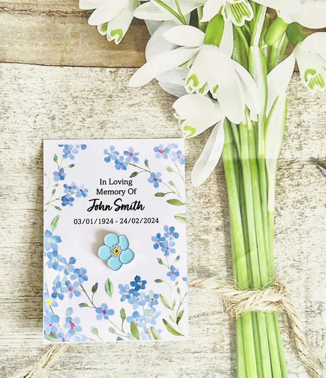 Personalised Funeral Favour Forget Me Not Enamel Pin Badge & Card Gift ...