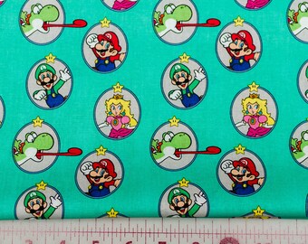 SUPER MARIO Badge Portraits Allover Print 100% Cotton Fabric Material ...