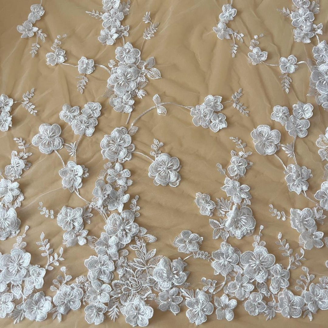 3D Floral Lace Fabric: Beaded Flower Embroidered Tulle, Bridal Wedding ...