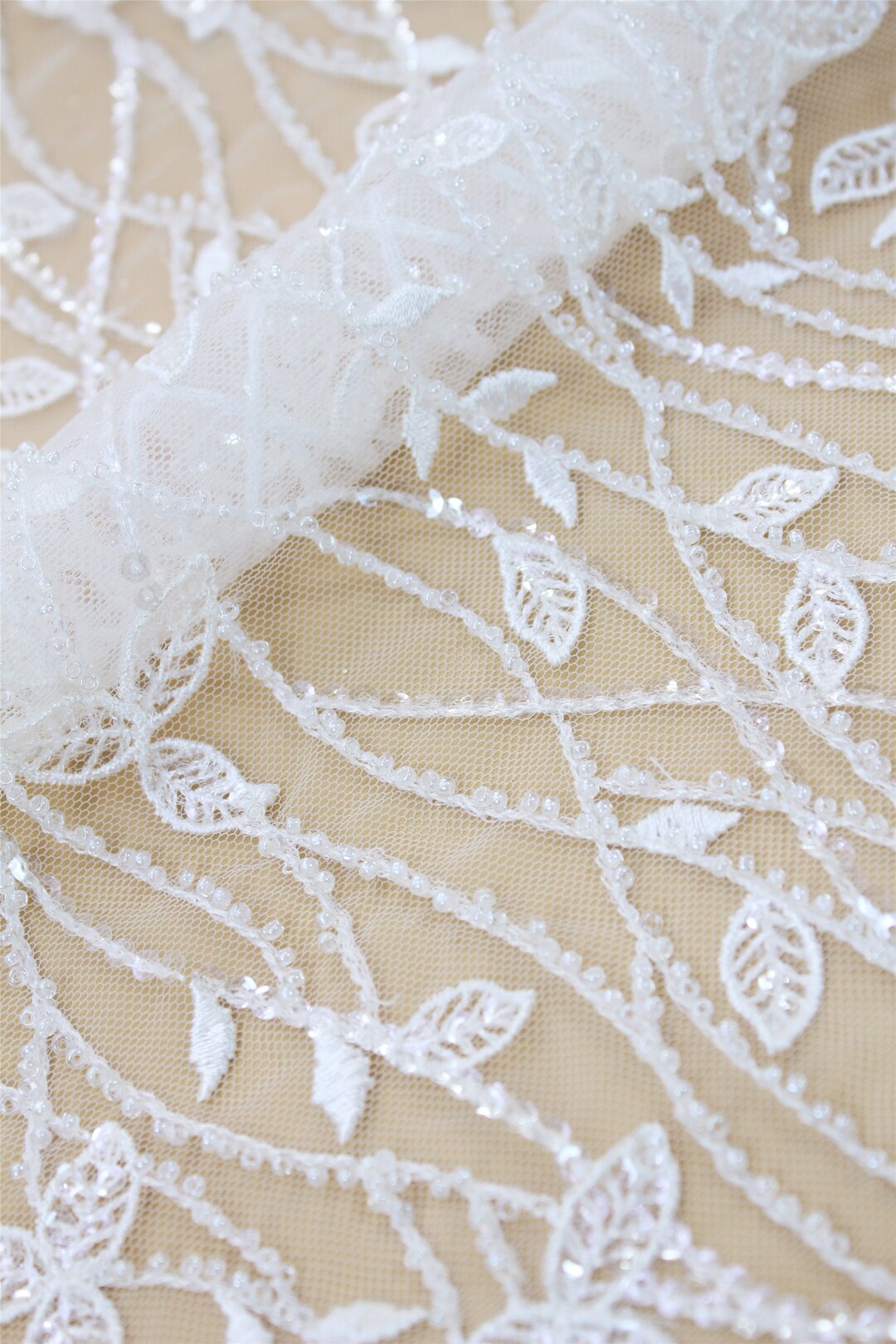 Beaded Sequin Lace Fabric: Off-white Leaf Design, Bridal Wedding Dress ...