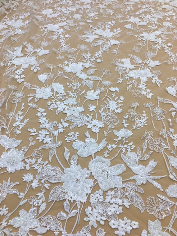 Heavy Embroidery Floral Beaded Lace Retro Bridal Lace Fabric | Etsy