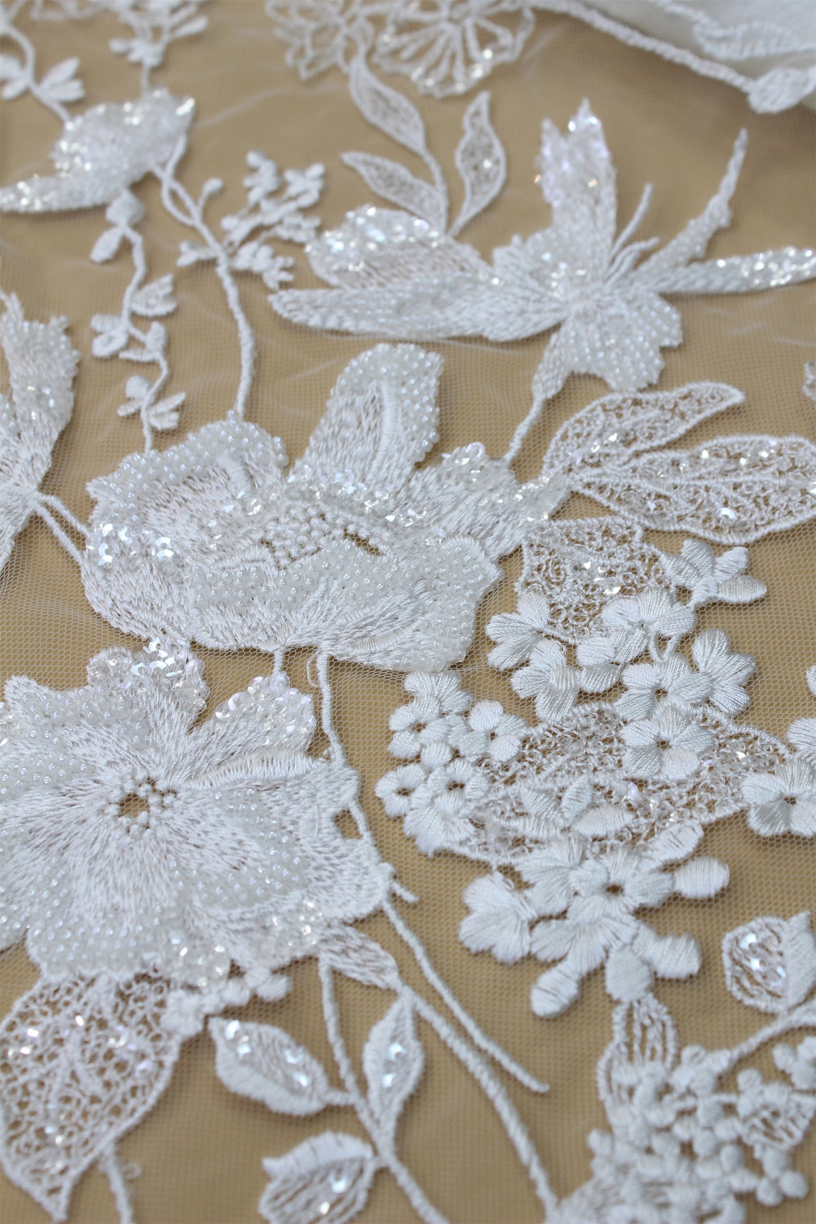 Heavy Embroidery Floral Beaded Lace Retro Bridal Lace Fabric | Etsy